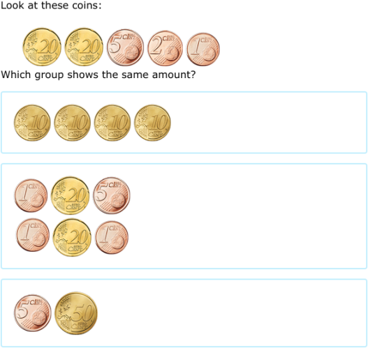 IXL - Equivalent amounts of money - up to €1 (Grade 2 maths practice)