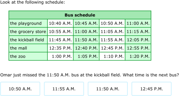 IXL - Transportation schedules (Grade 4 maths practice)